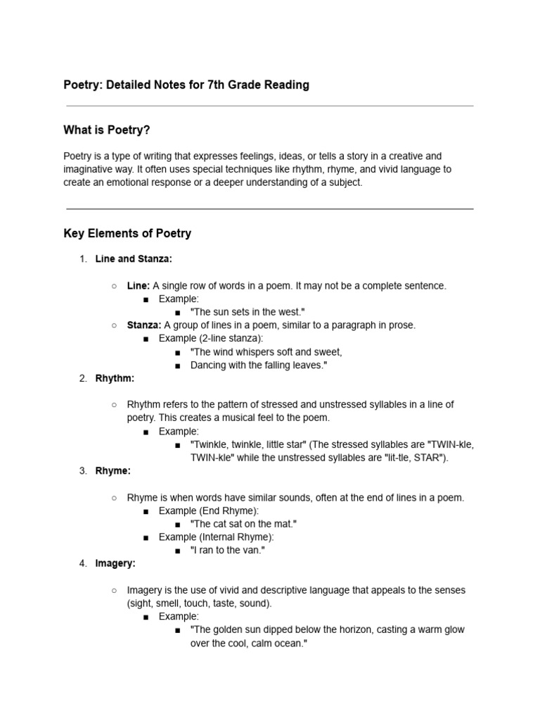Poetry - Detailed Notes For 7th Grade Reading | PDF | Poetry | Rhyme