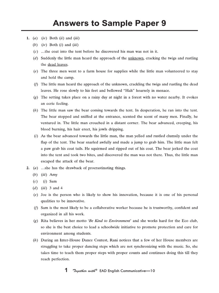 Cbse Cl10 Ead English Communicative Answers to Sample Paper 9 2025 | PDF