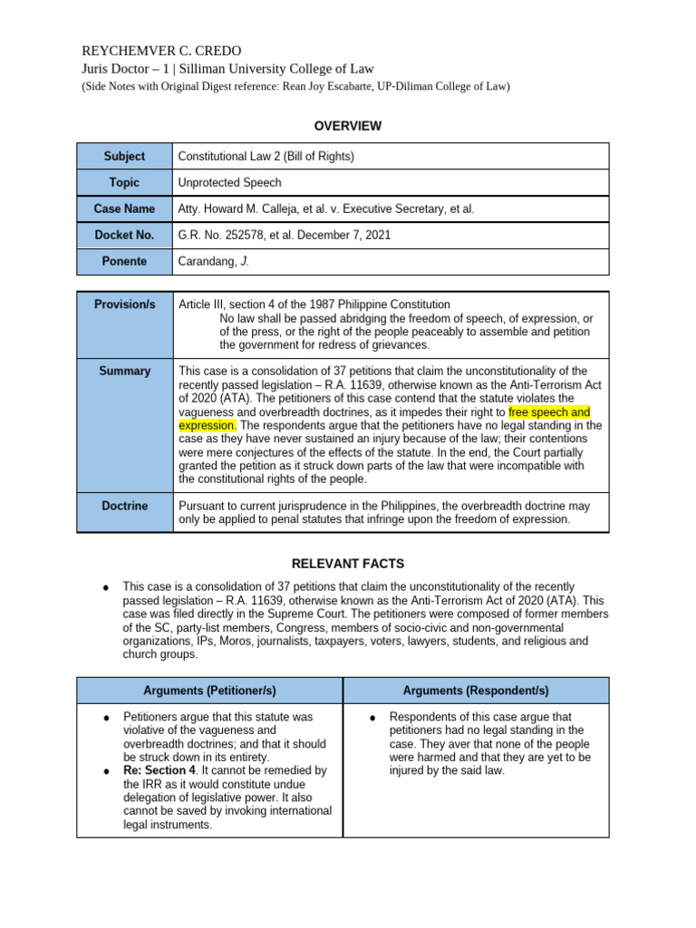 Digest Atty. Calleja v. Executive Secretary | PDF | Overbreadth ...