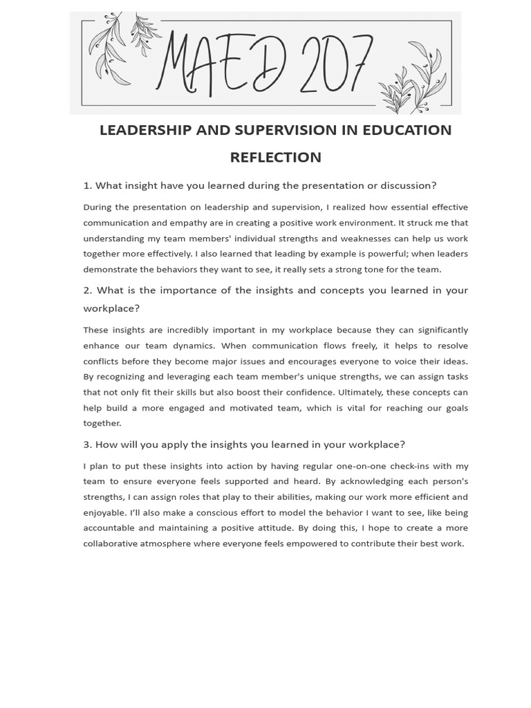 Leadership and Supervision in Education Reflection | PDF