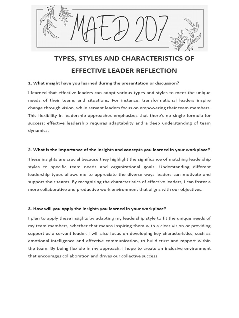 Types, Styles and Characteristics of Effective Leader Reflection | PDF