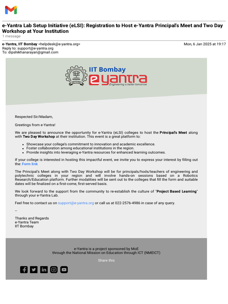 Gmail - e-Yantra Lab Setup Initiative (eLSI)_ Registration to Host e ...
