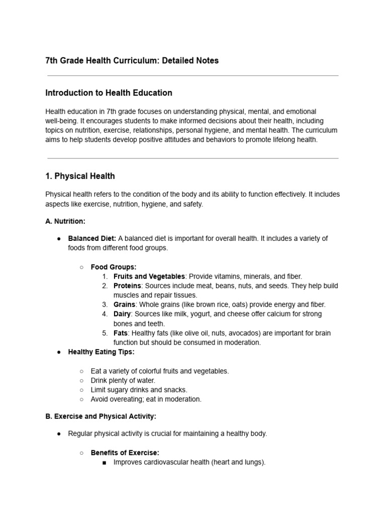 7th Grade Health Curriculum - Detailed Notes | PDF | Healthy Diet | Foods