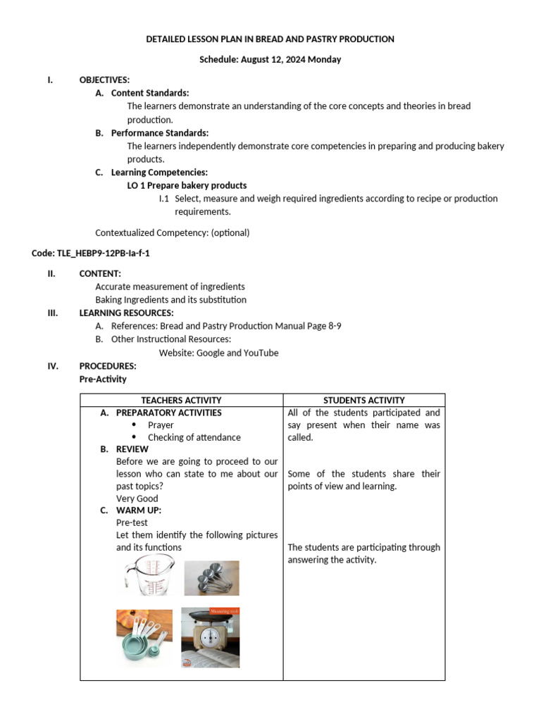 DETAILED LESSON PLAN IN BREAD AND PASTRY PRODUCTION NC IIAUGUST 12 2024 ...