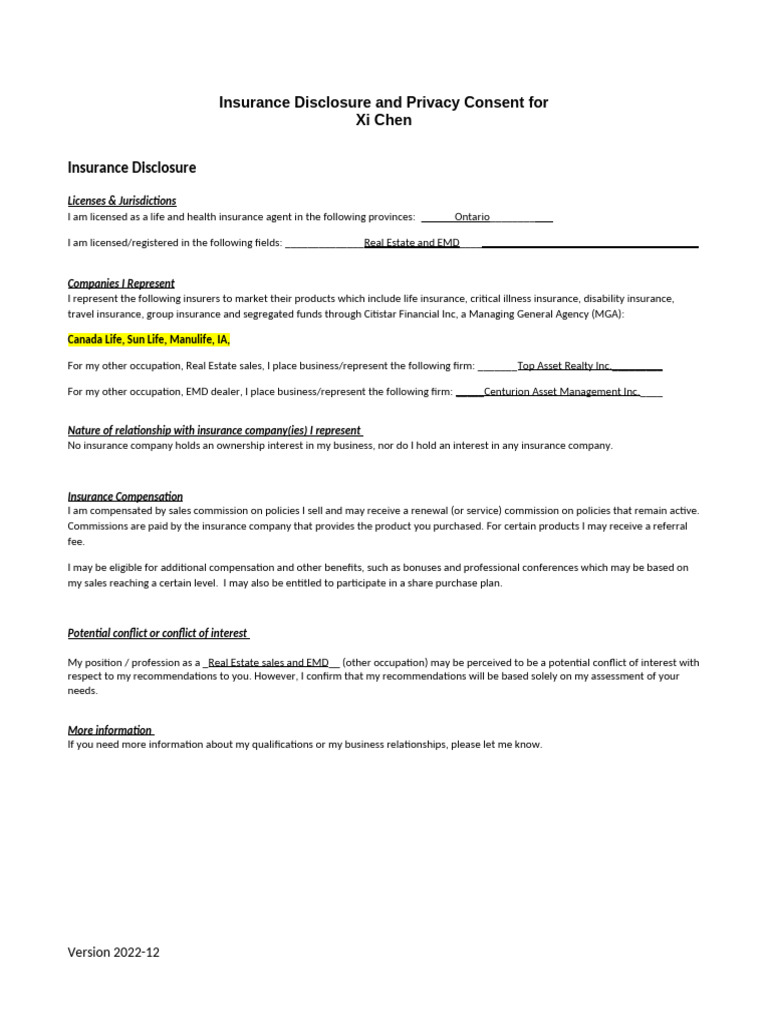 Insurance Disclosure & Privacy Consent Form | PDF | Insurance | Information
