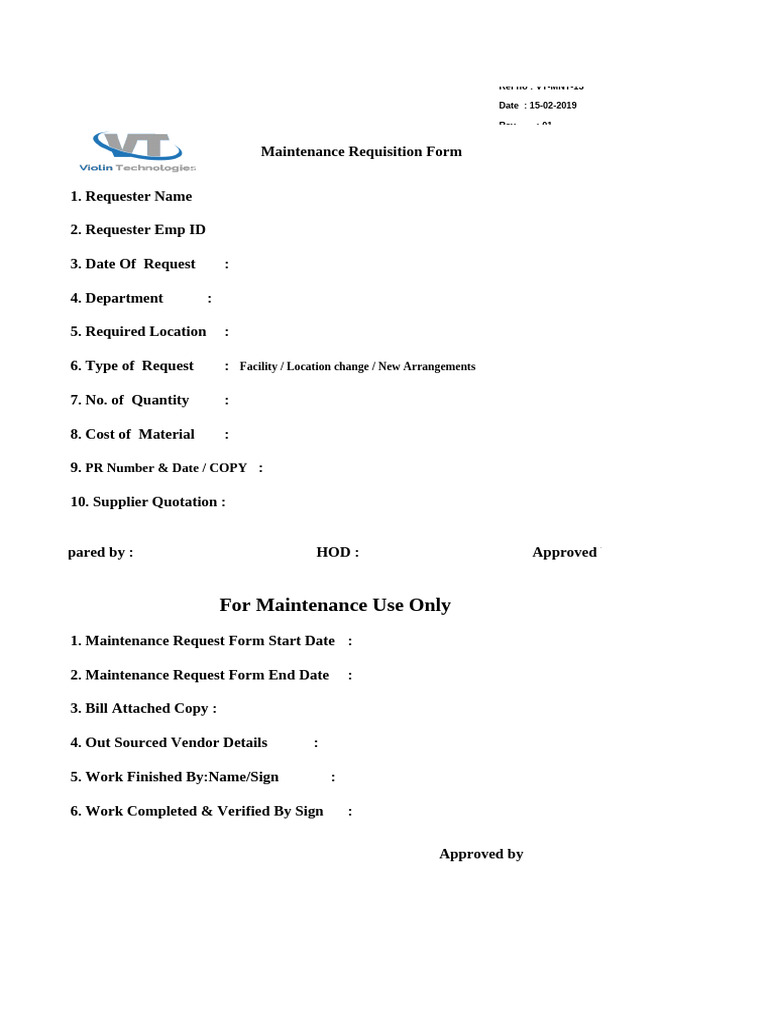 Maintenance Requisition Form Template | PDF