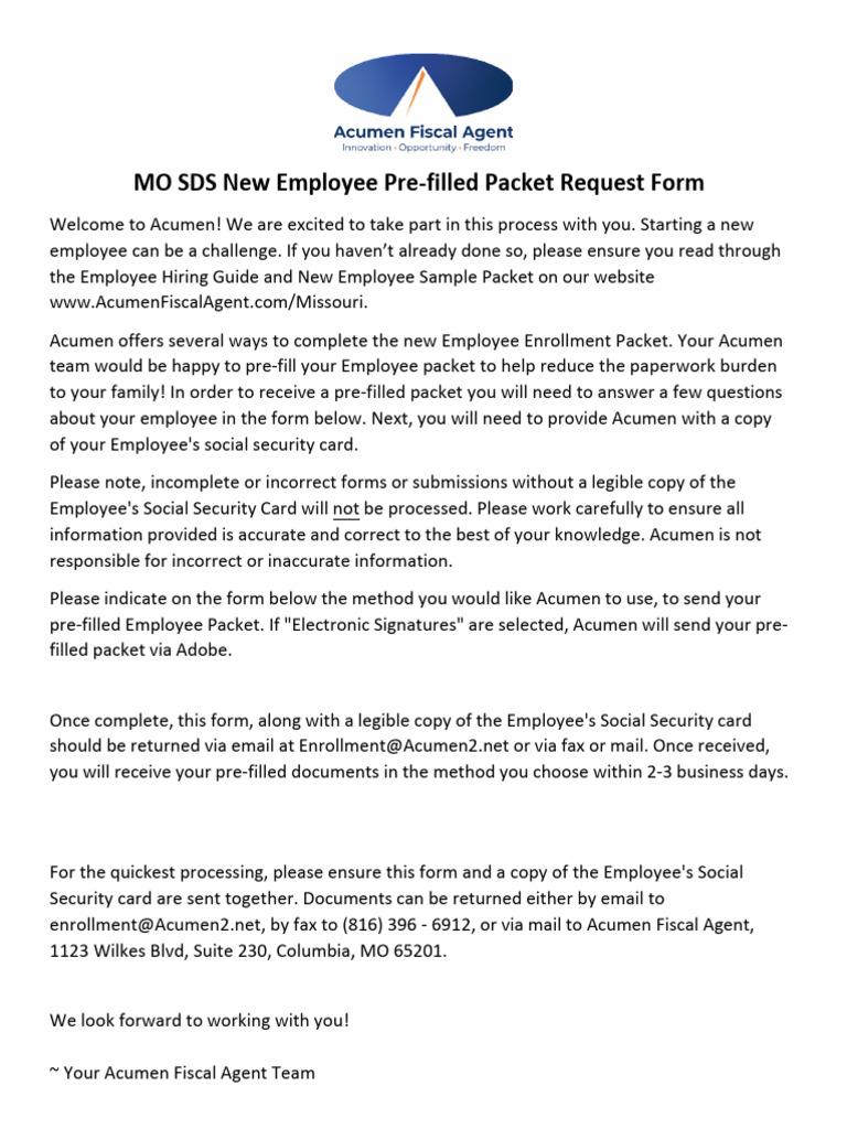MO New Employee Packet Request Form | PDF | Service Industries ...