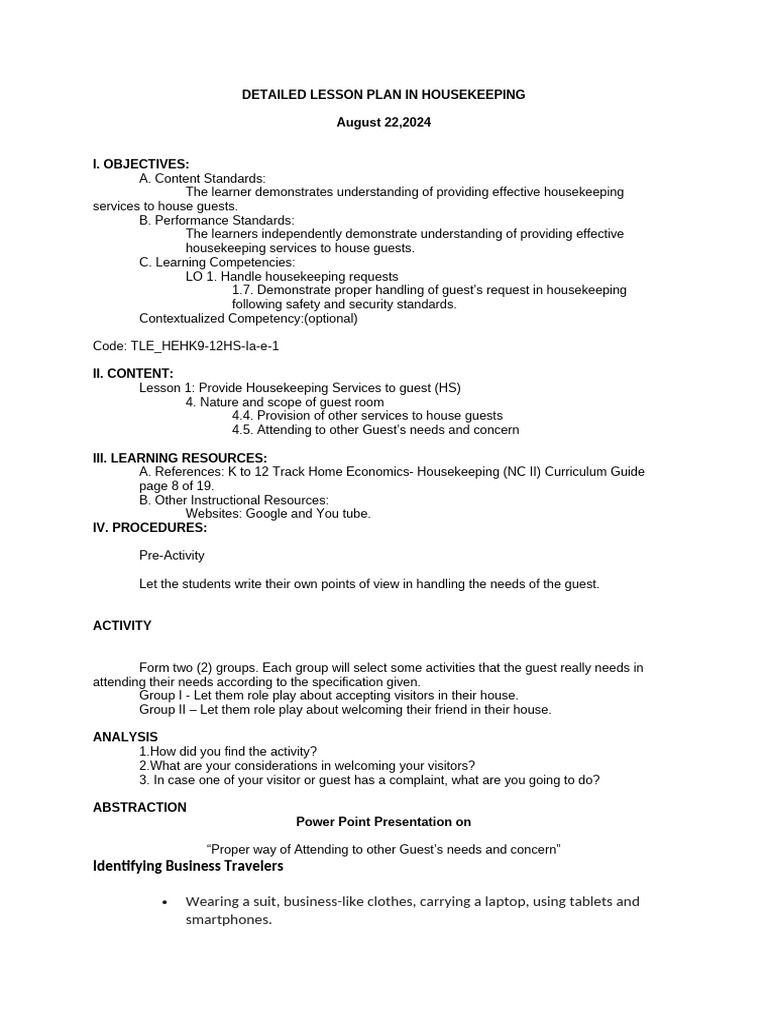DETAILED LESSON PLAN IN HOUSEKEEPING August 22 | PDF | Lesson Plan