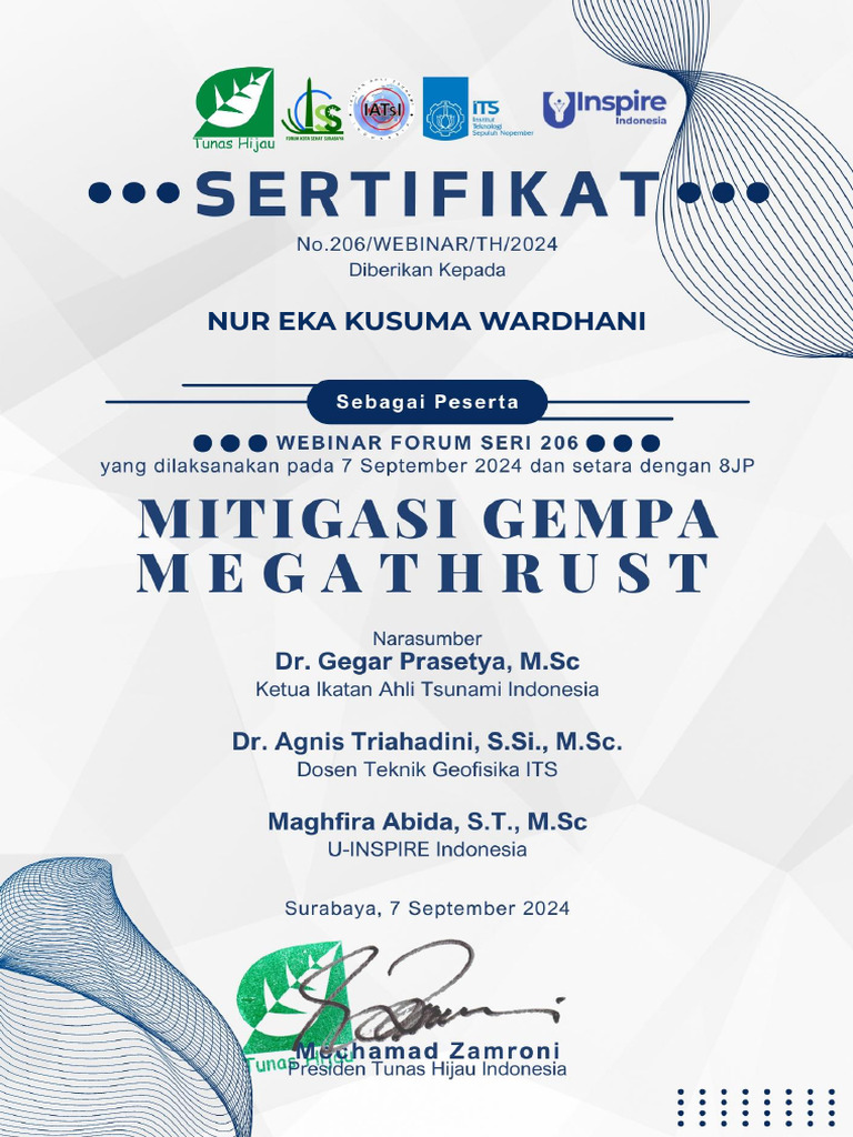 Piagam Webinar 206 Mitigasi Gempa Megathrust - NUR EKA KUSUMA WARDHANI 5 | PDF