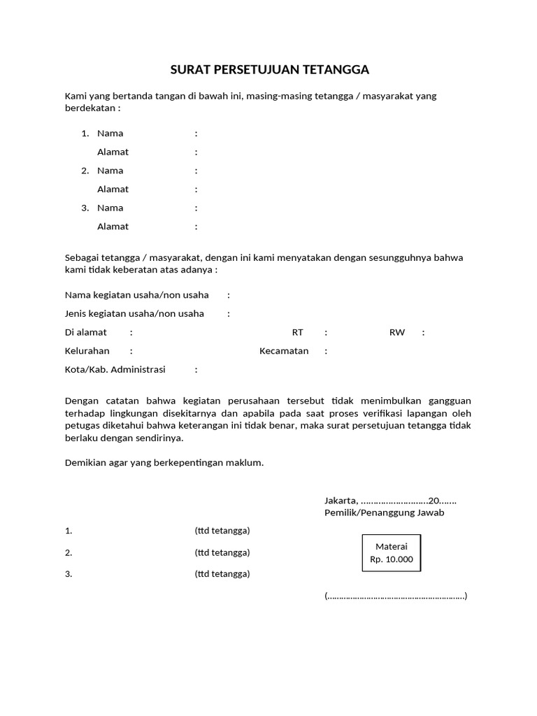 Surat Persetujuan Tetangga | PDF