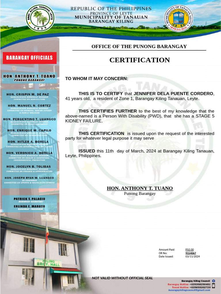 Barangay Certification - PWD | PDF