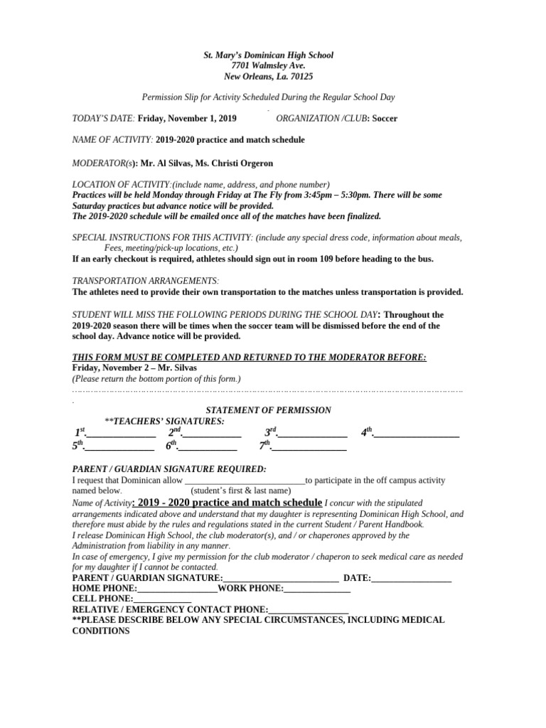 Soccer Practice Permission Slip 2019-2020 | PDF
