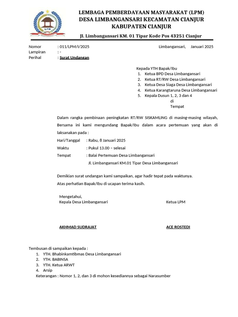 Undangan Pertemuan RT/RW Limbangansari | PDF