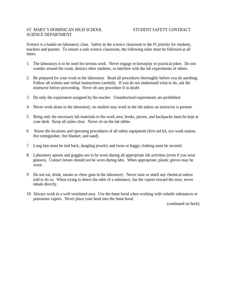 Science Lab Safety Contract Guidelines | PDF | Water | Waste