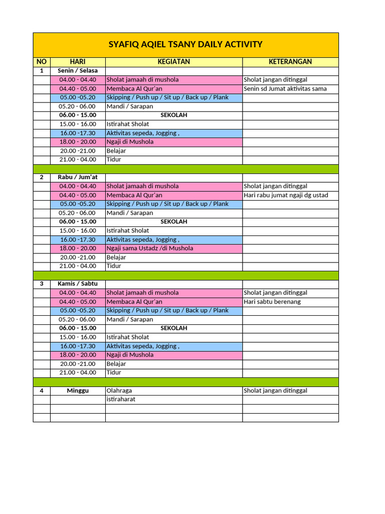 Daily Activity Schedule for Syafiq Aqiel | PDF