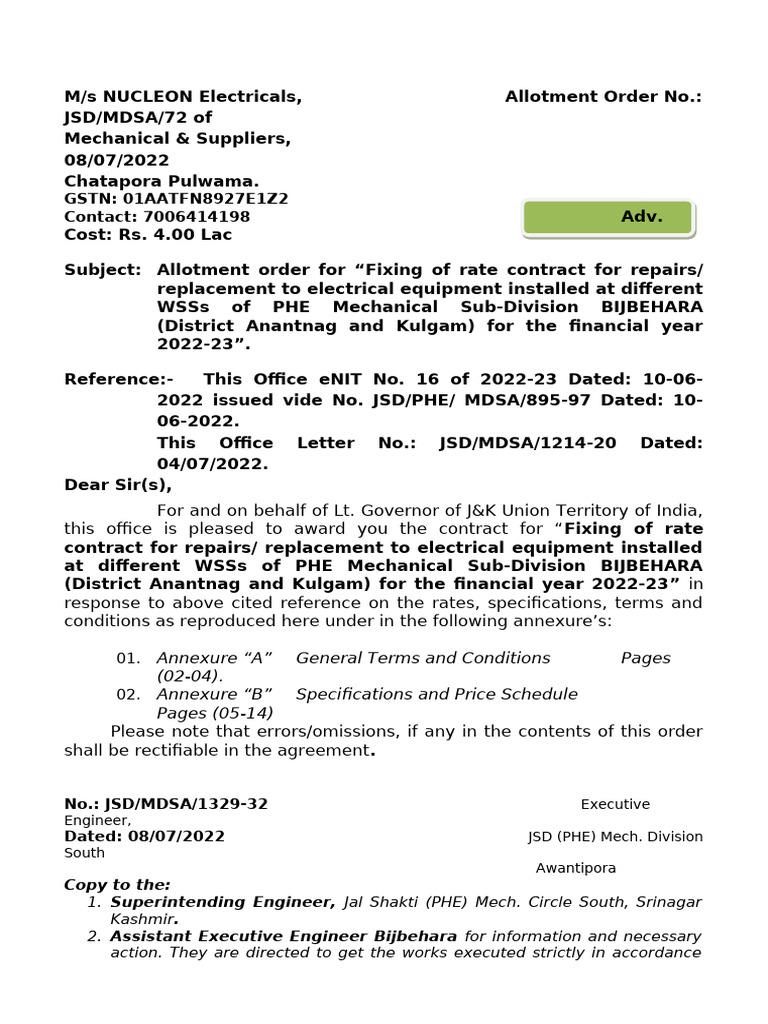 Allotment Order Nucleon Bijbehara Electrical | PDF | Relay | Taxes