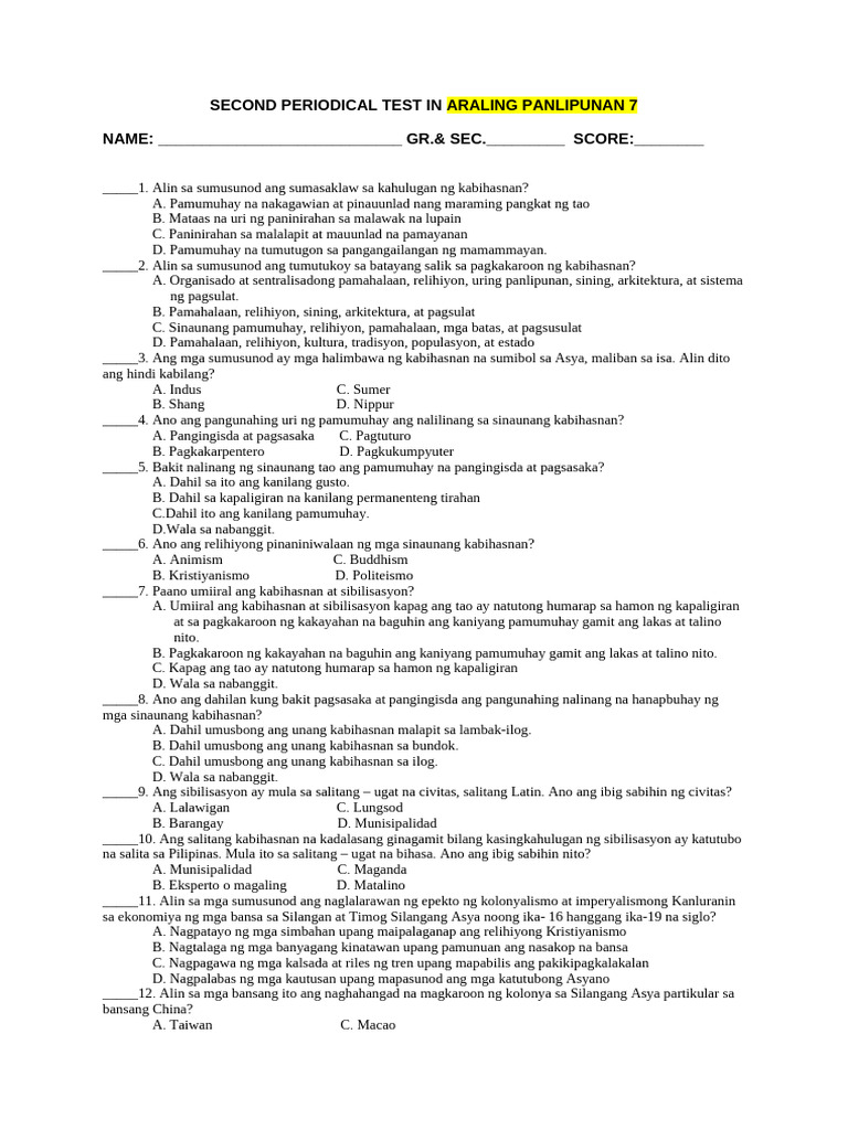 PT g7 Araling Panlipunan | PDF