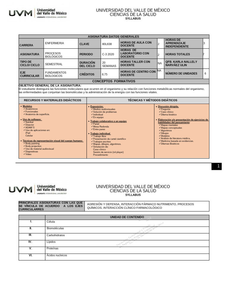 Syllabus Procesos Biológicos UVM | PDF | Evaluación | Ensayos