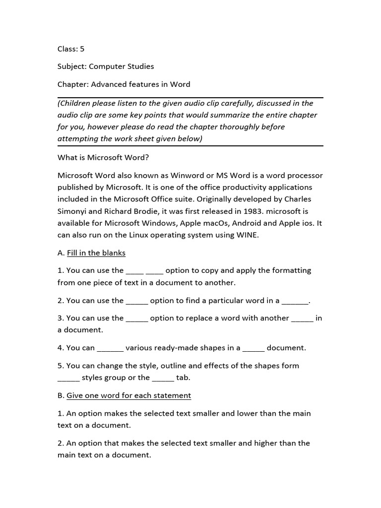 Class 5 Computer Studies Advanced Features in Word | PDF | Microsoft Word | Computing