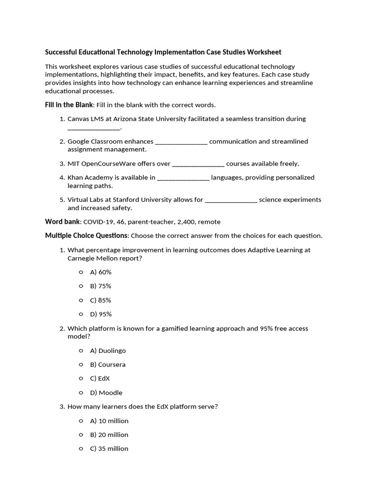 Successful Educational Technology Implementation Case Studies Worksheet ...