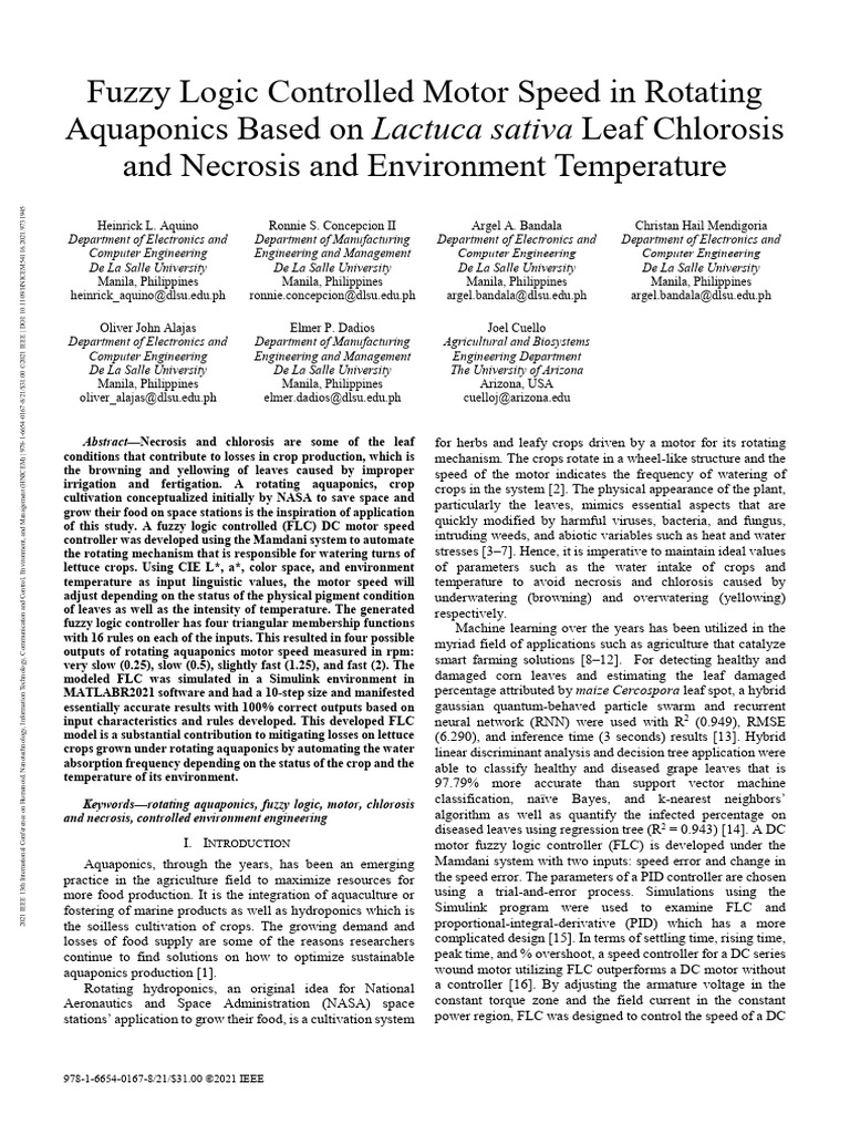 Fuzzy Logic Controlled Motor Speed in Rotating Aquaponics Based On Lactuca Sativa Leaf Chlorosis ...