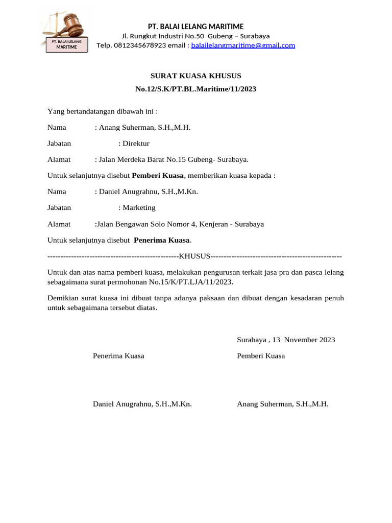 3. SURAT KUASA DIREKTUR BALAI LELANG KE MARKETING UNTUK MENGAJUKAN PERMOHONAN LELANG KE PL 2 | PDF
