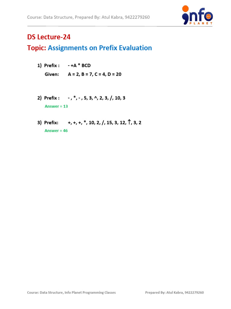 Assignments On Prefix Evaluation: DS Lecture-24 Topic | PDF