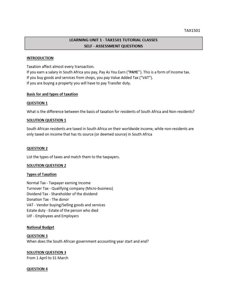 TAX1501 - Leraning Unit 1 - Tutorial Classs Questions | PDF | Taxes | Direct Tax