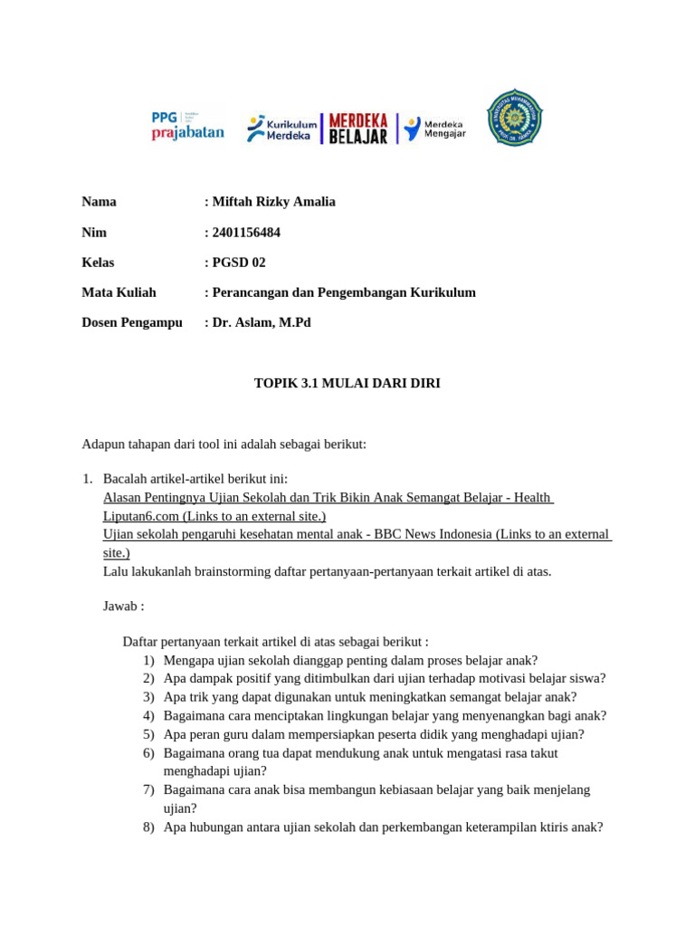 Topik 3.1 Mulai Dari Diri - Perancangan Dan Pengembangan Kurikulum - Miftah Rizky Amalia | PDF