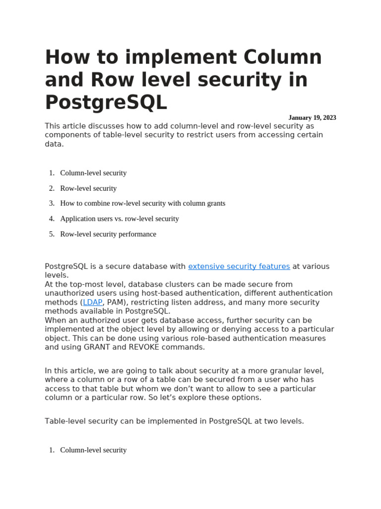 How to implement Column and Row level security in PostgreSQL | PDF ... How to implement Column and Row level security in PostgreSQL | PDF ...