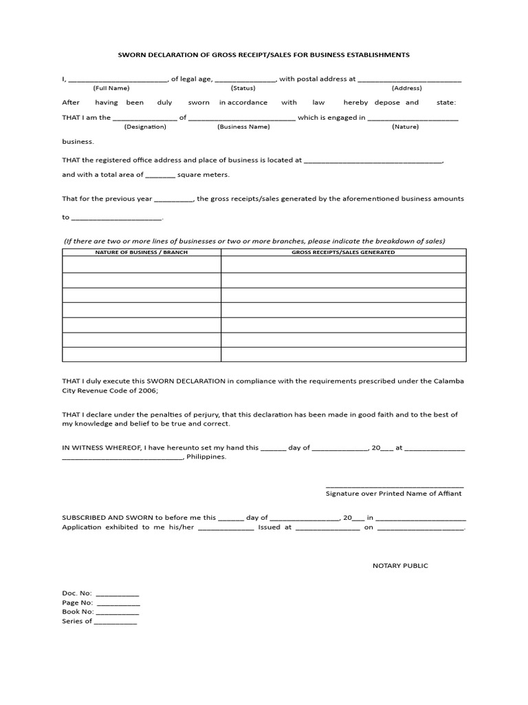 Sworn Decleration of Gross Receipt | PDF