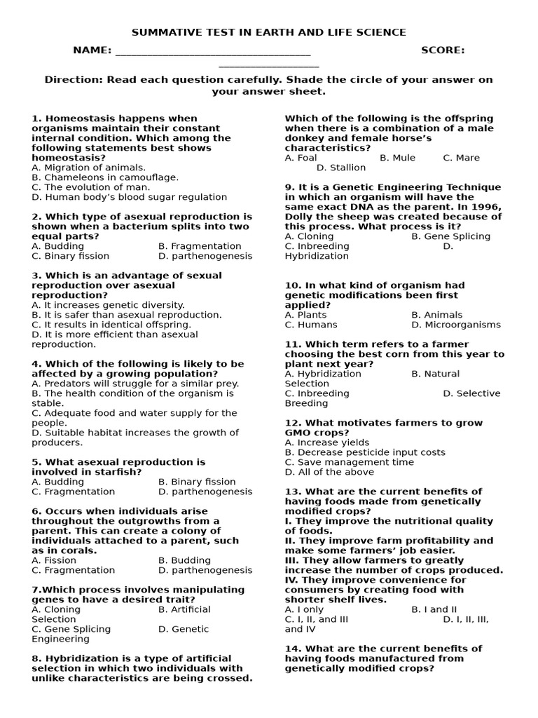 Earth and Life Science Summative Test | PDF | Human Body | Reproduction