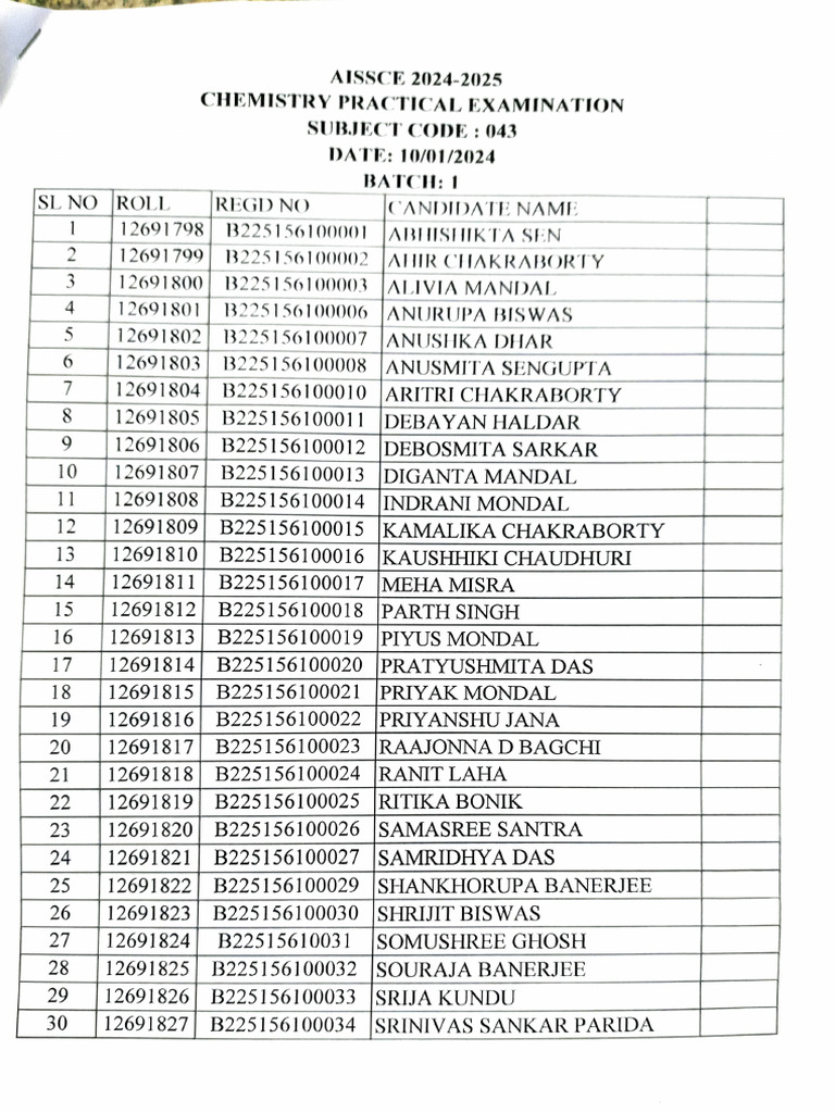AISSCE 2024-2025 Chemistry Practical Exam Schedule | PDF