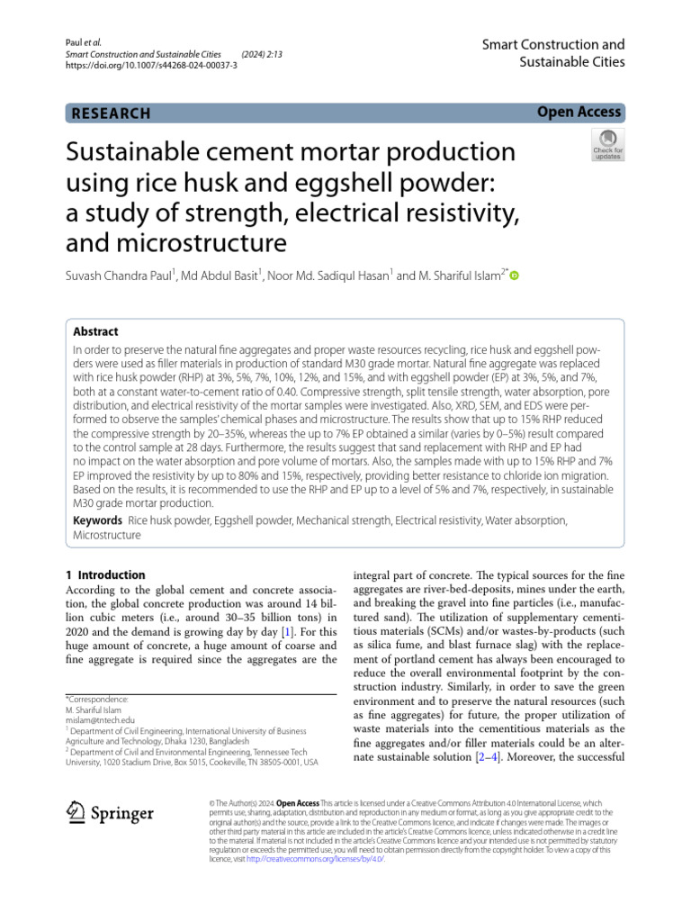 Sustainable Cement Mortar Production Using Rice Husk and Eggshell ...