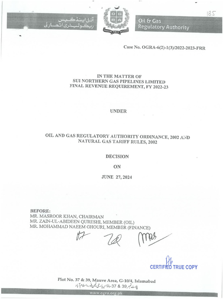 SNGPL Determination of Final Revenue Requirement For Fy 2022 23 | PDF