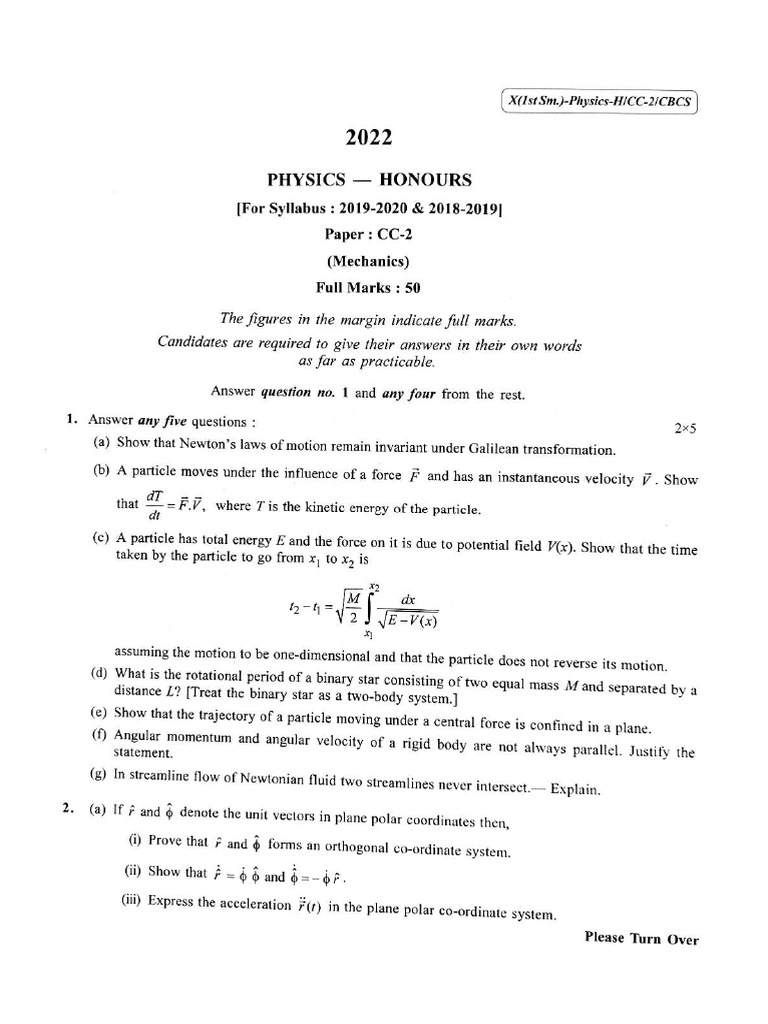 Physics Honours Exam Questions 2022 | PDF | Force | Rotation Around A ...