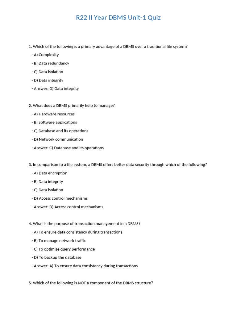 DBMS Unit-1 Quiz | PDF