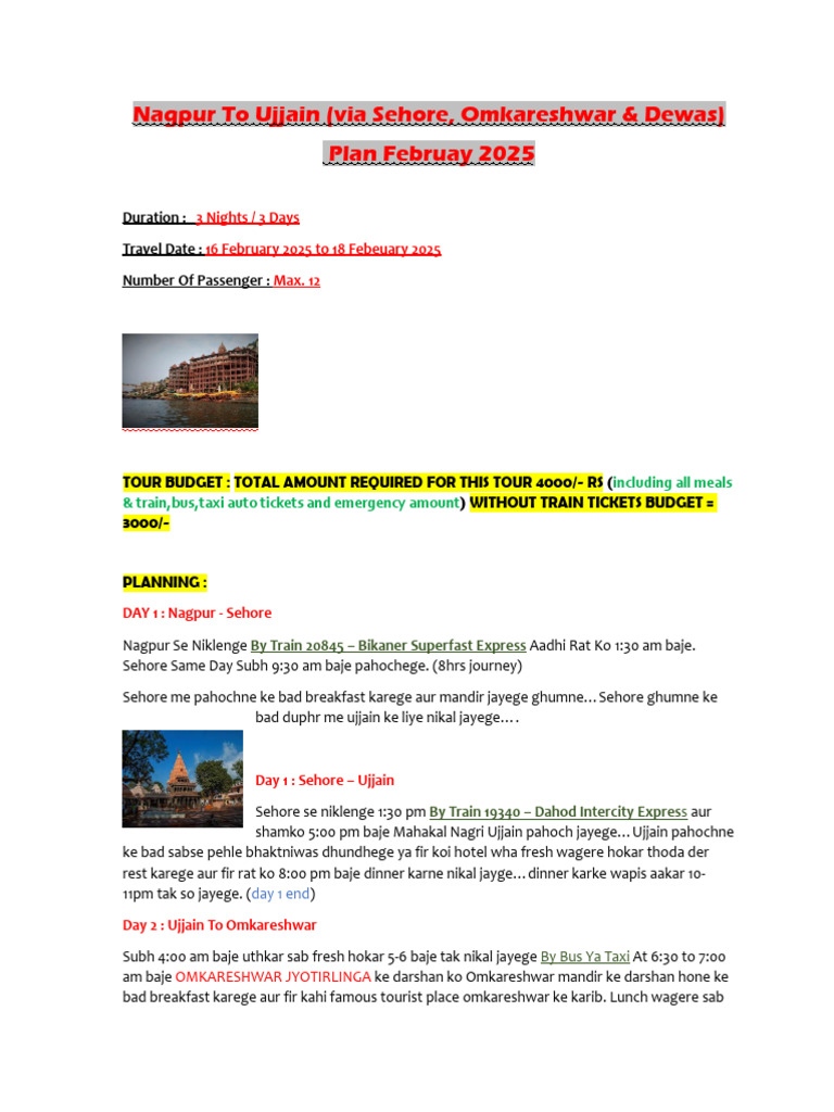 Nagpur To Ujjain Plan and Budget | PDF | Meal | Cuisine