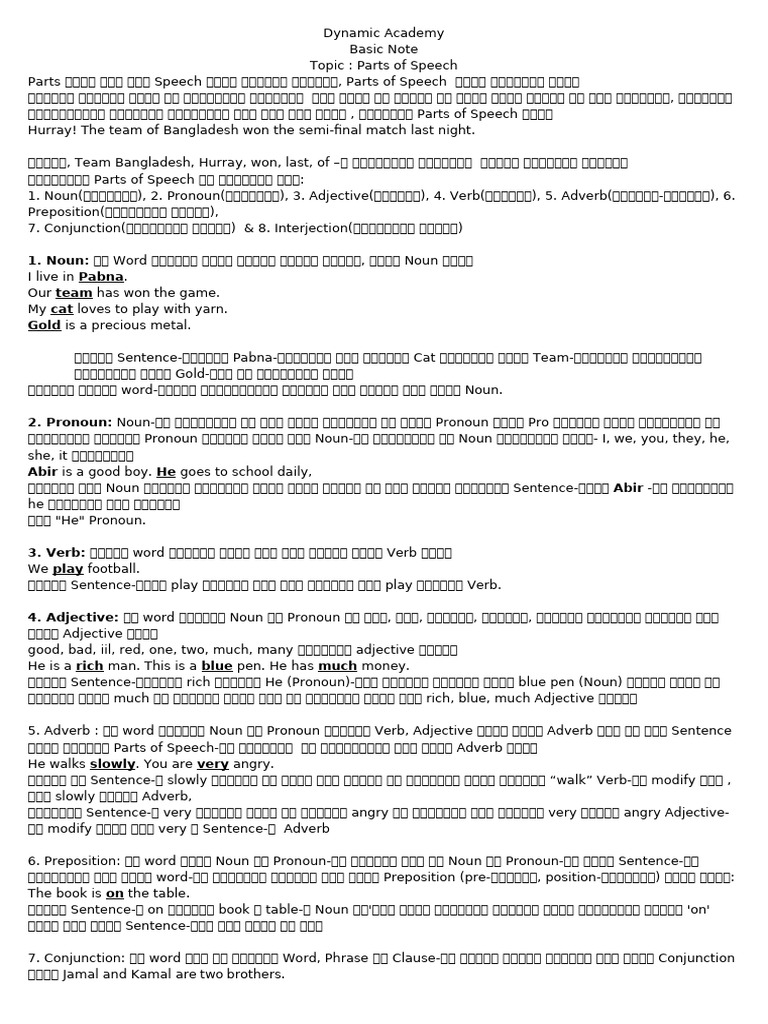 Parts of Speech Lecture Sheet | PDF