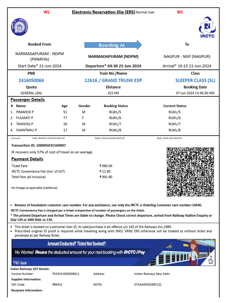 Narmadapuram To NGP Tickrt | PDF | Identity Document | Payments