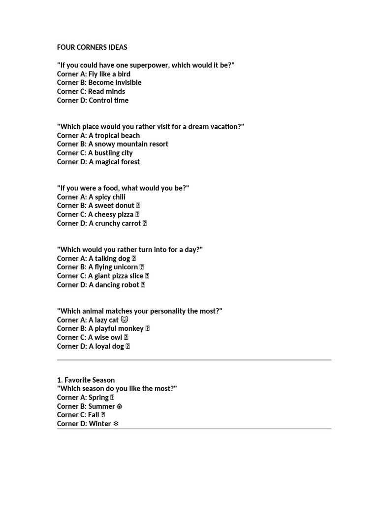 Four Corners Game Ideas | PDF