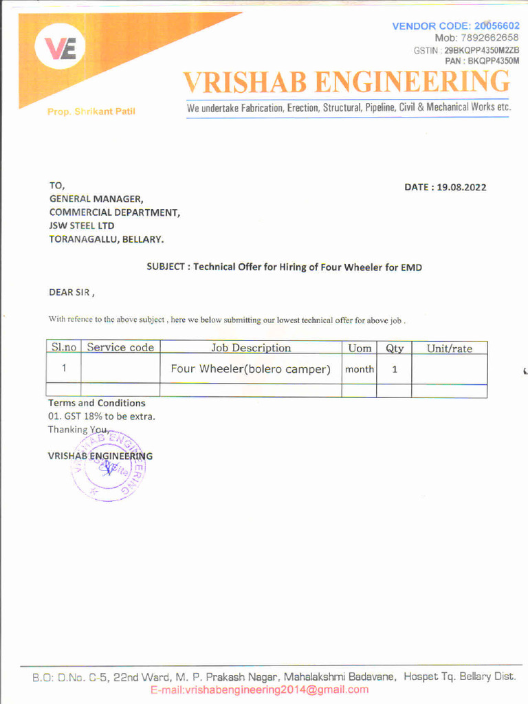 Technical Offer - VRISHABH | PDF