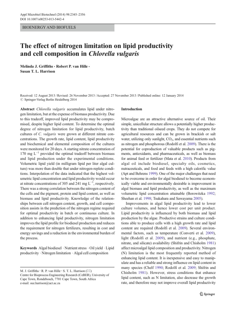 The effect of nitrogen limitation on lipid productivity and cell composition in Chlorella ...