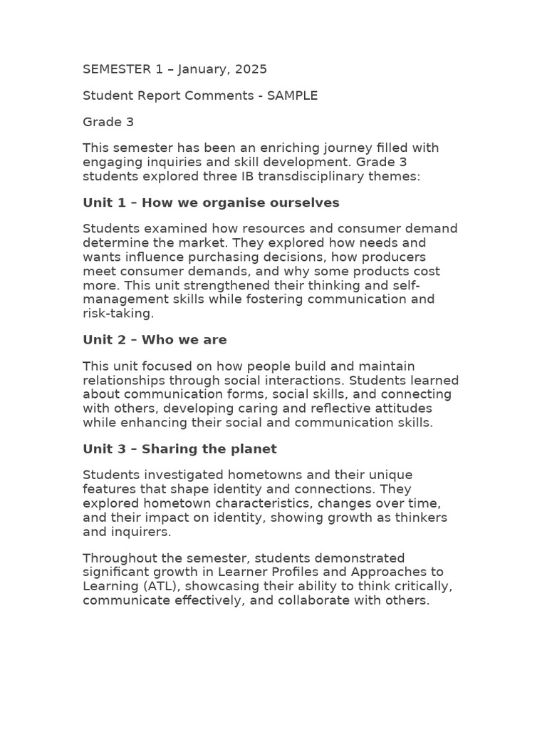 Student Report Example - Olivia - Grade 3 | PDF