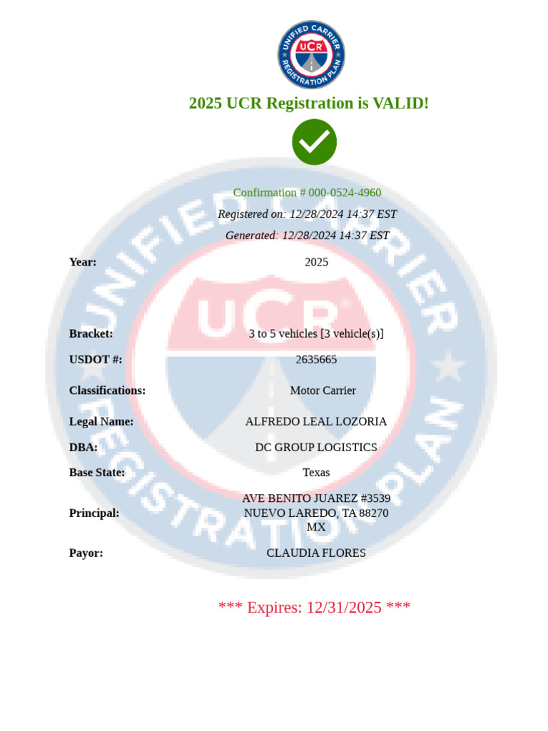 2025 Ucr Alfredo Leal Lozoria DBA DC Group Logistics 3 Unidades | PDF