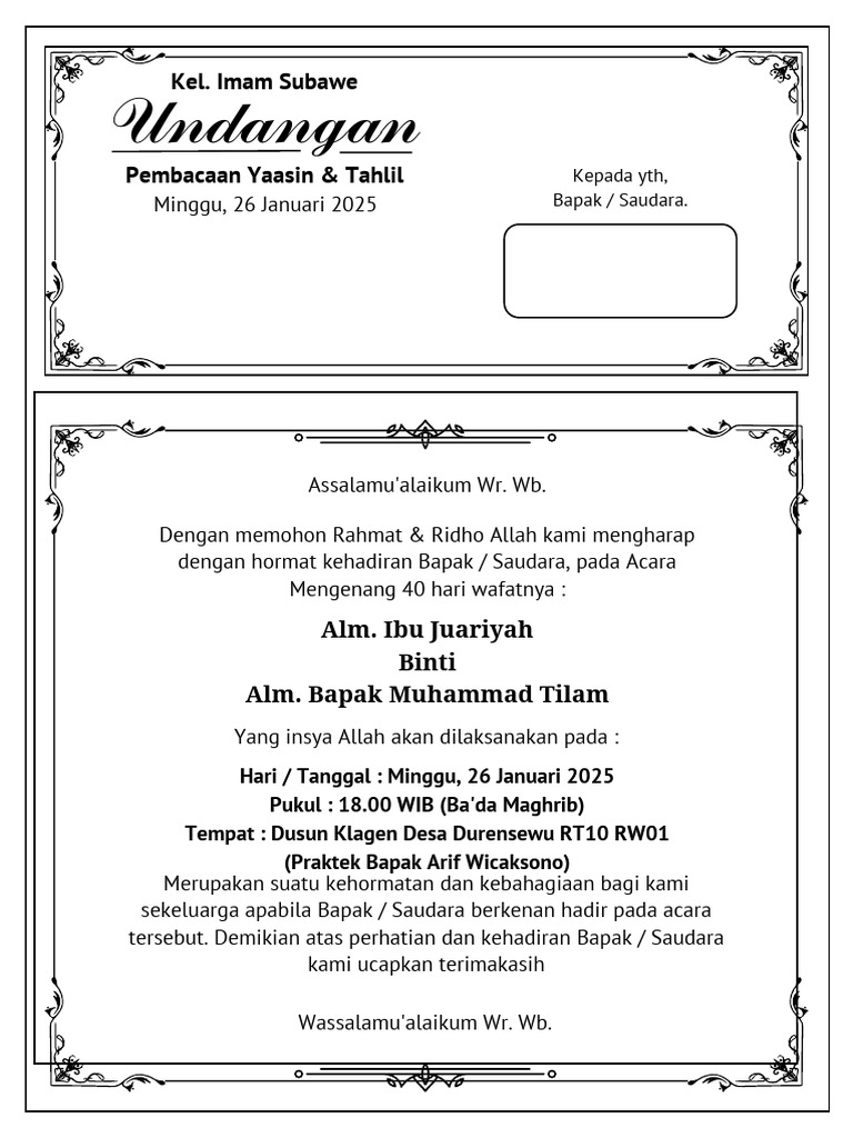 Putih Hitam Minimalis Klasik Undangan Yasin Dan Tahlil - 20250104 ...