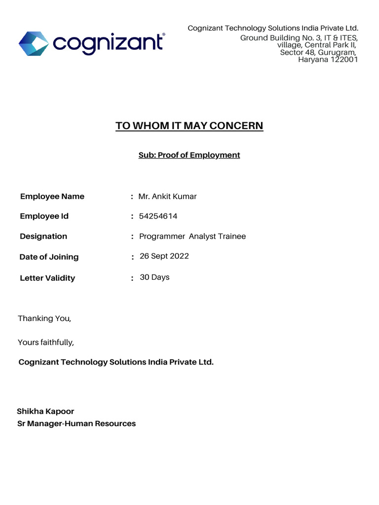 Cognizant Employee Proof | PDF