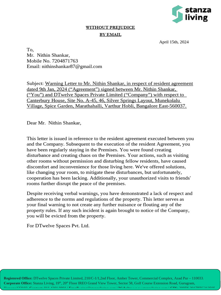Warning Letter - Nithin Shankar | PDF