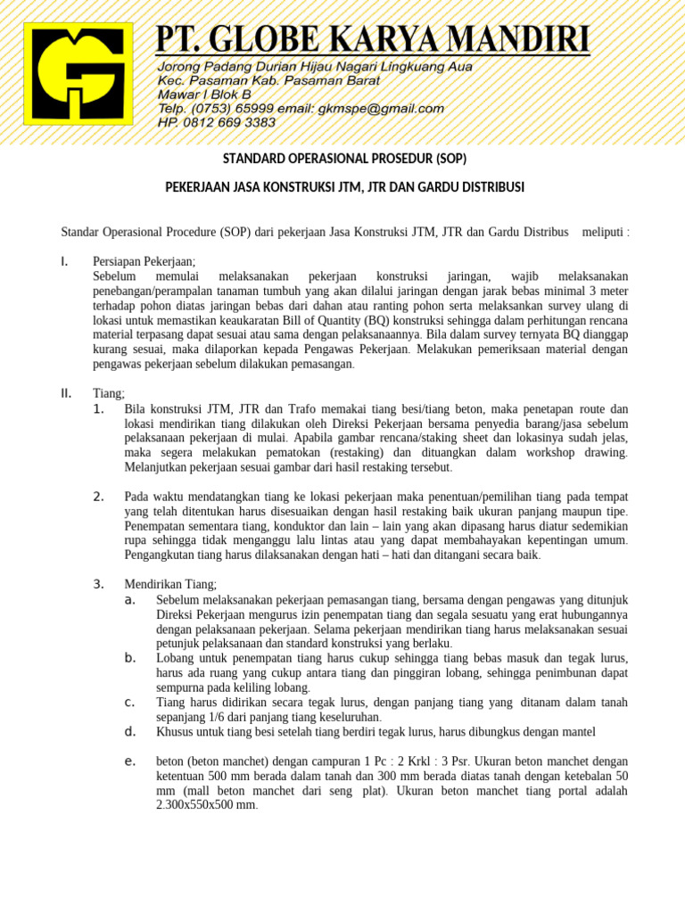 SOP Pekerjaan JTM, JTR Dan Gardu Dist | PDF