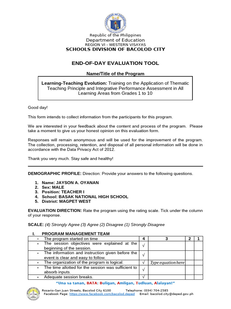 End-of-Day-Evaluation-Tool - Jayson A. Oyanan | PDF | Expert | Human ...
